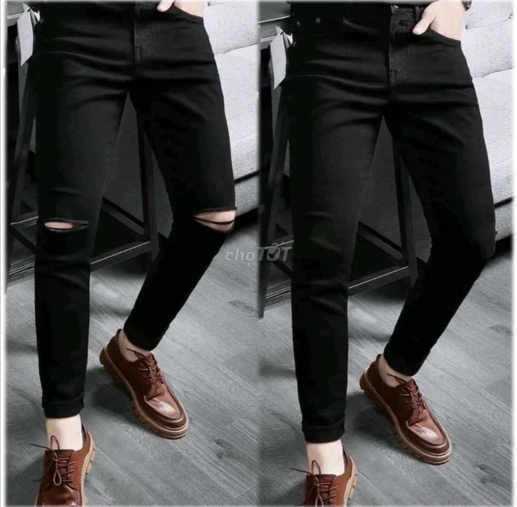 quần jeans đen style rách gối - 130179667